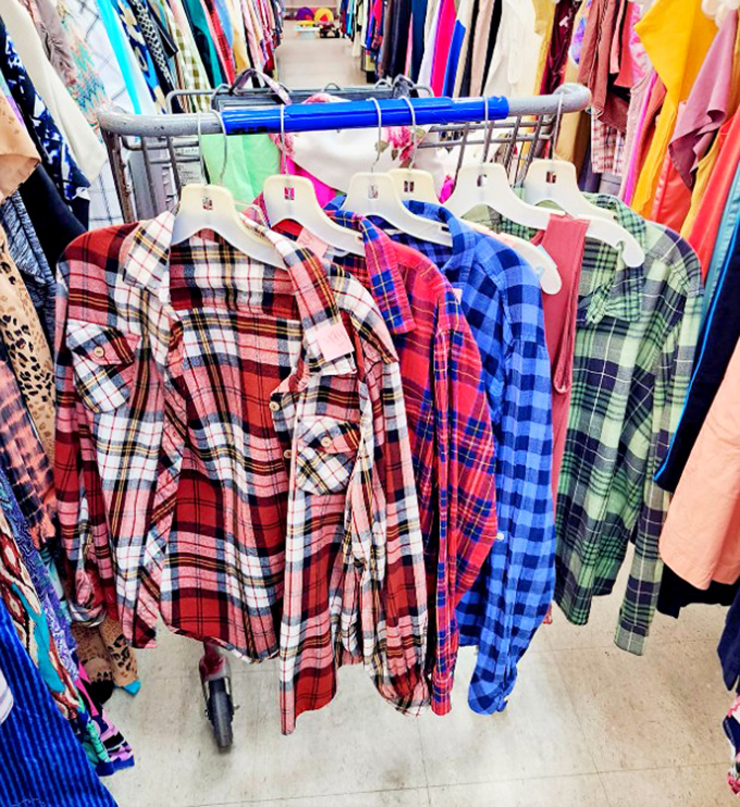 Flannel shirts hanging like lumberjack uniforms ready to make anyone look effortlessly cool and comfortable.