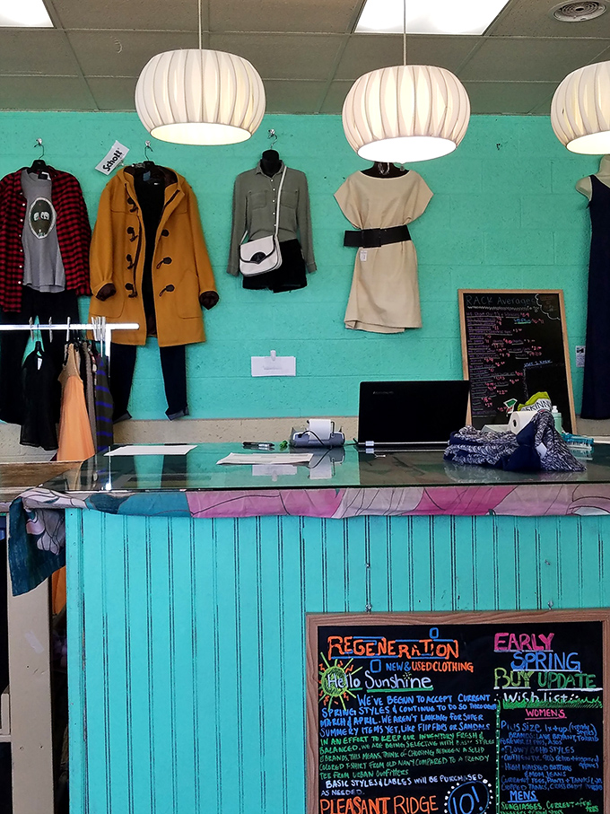 The turquoise counter adds cheerful personality while stylish displays tempt you with last-minute fashion additions.