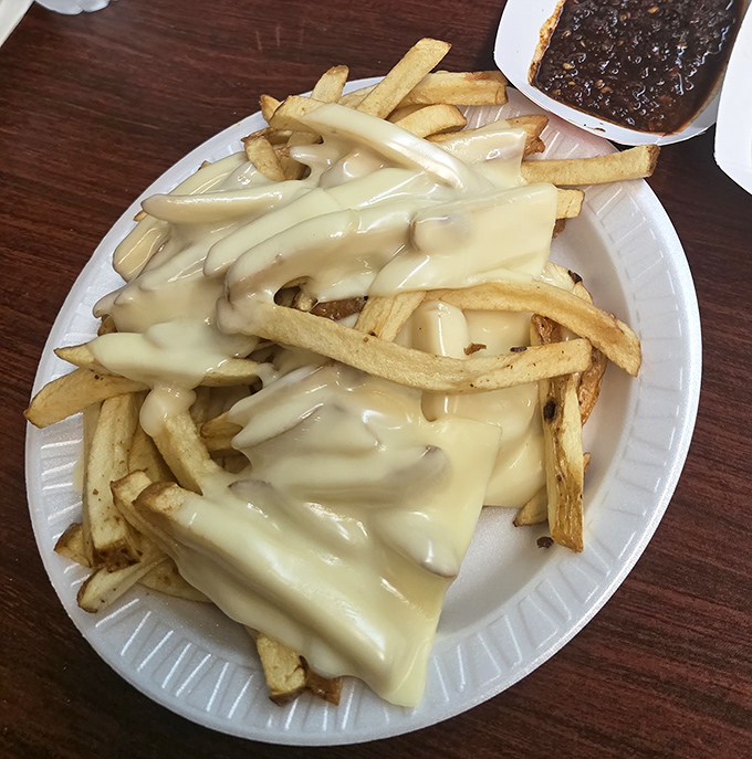 Cheese fries that don't mess around with pretentious presentations. When the cheese blanket is this good, you don't need fancy linens. 