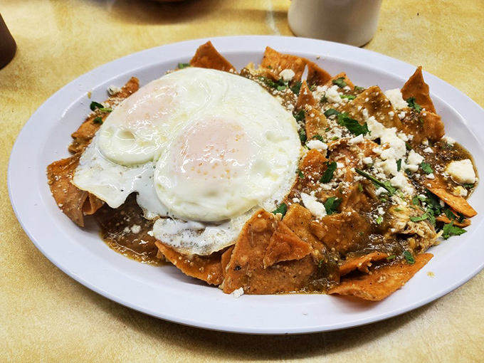Chilaquiles that strike the perfect balance between crispy and saucy, topped with an egg that's just waiting for its Instagram moment.