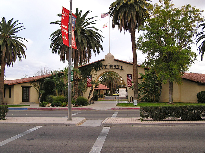 City Hall's Spanish-influenced architecture and palm-lined entrance embody Brawley's blend of historical charm and civic pride.