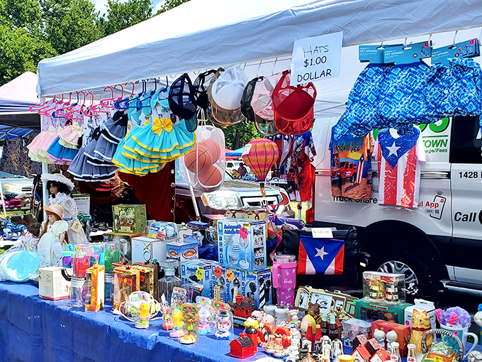 Childhood memories and household necessities mingle under summer skies, where one person's decluttering becomes another's discovery.