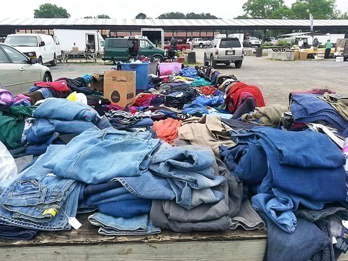 Denim mountain! Someone's closet cleanout becomes another's wardrobe refresh in this textile treasure trove of second chances.