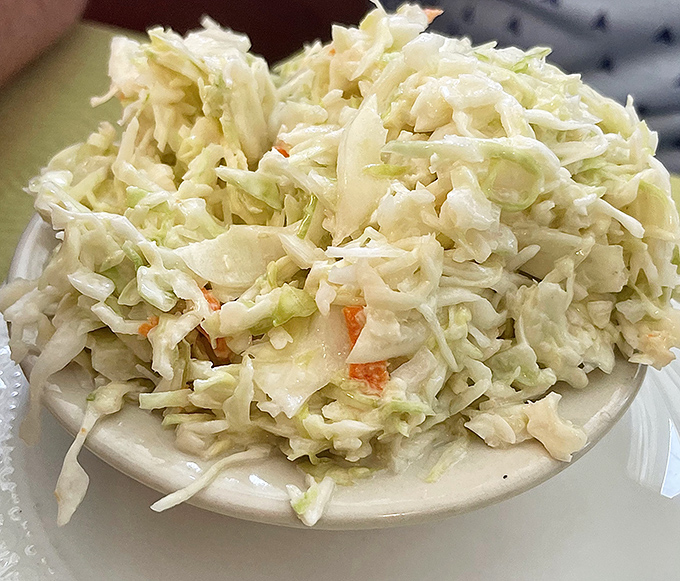 Coleslaw that knows its role&mdash;crisp, fresh counterpoint to rich barbecue. Not too sweet, not too tangy, just the perfect supporting actor to the meaty star.