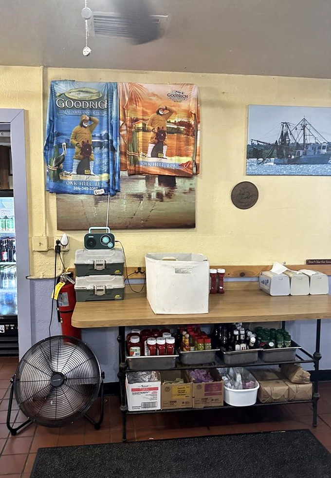 The wall art celebrates the fishing heritage that makes this place special. Fresh catches don't travel far to reach your plate here.