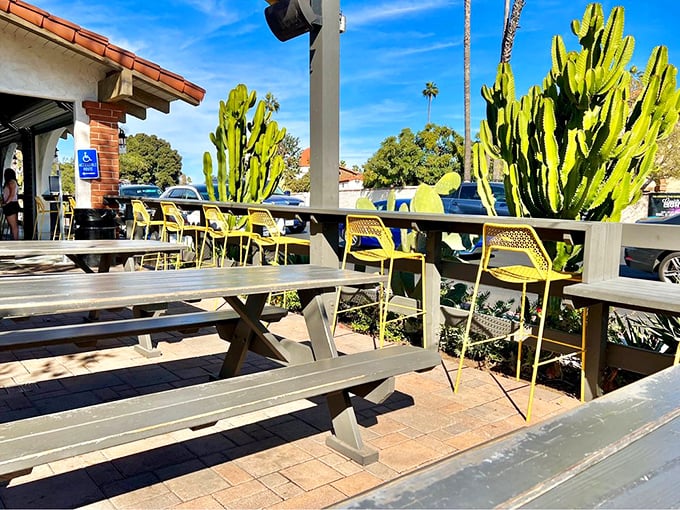 Yellow chairs and picnic tables under California skies&mdash;the perfect setting for your impending food coma.