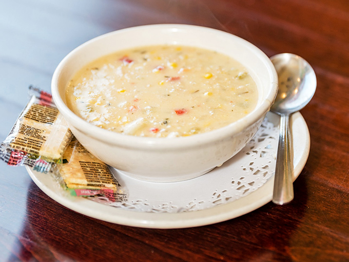 A bowl of creamy chicken corn soup that looks like Pennsylvania comfort in liquid form&mdash;the kind that makes rainy days worth celebrating.