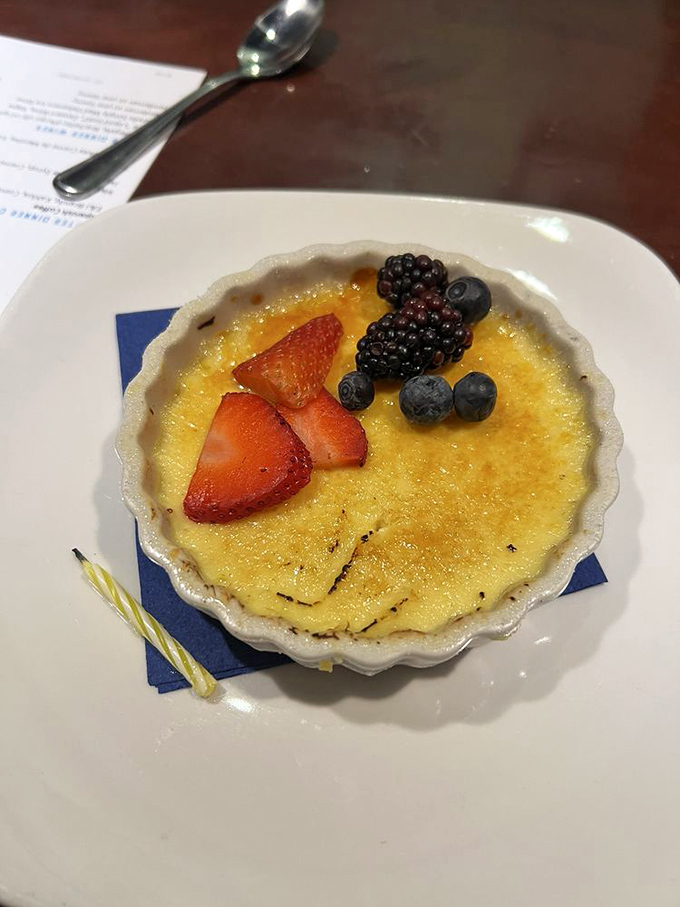 This cr&egrave;me br&ucirc;l&eacute;e isn't just dessert&mdash;it's a study in contrasts. That crackling caramelized top gives way to silky custard below, with berries for a touch of tartness.