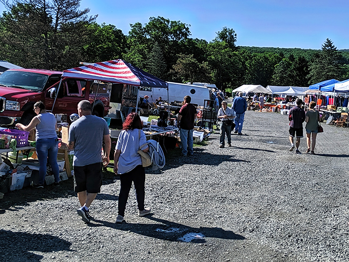 The thrill of the hunt! Shoppers navigate the gravel pathways like modern-day explorers searching for that perfect unexpected find.