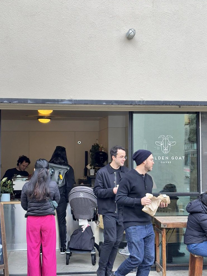 The weekend crowd at Golden Goat includes everyone from young families to neighborhood regulars&mdash;a microcosm of San Francisco's diverse coffee culture.
