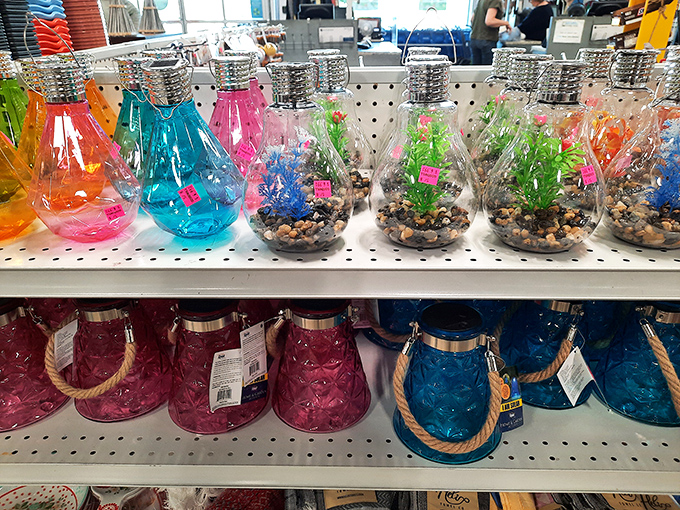 Decorative whimsy fills these shelves with colorful light-up terrariums and lanterns that would make any patio pop with personality.