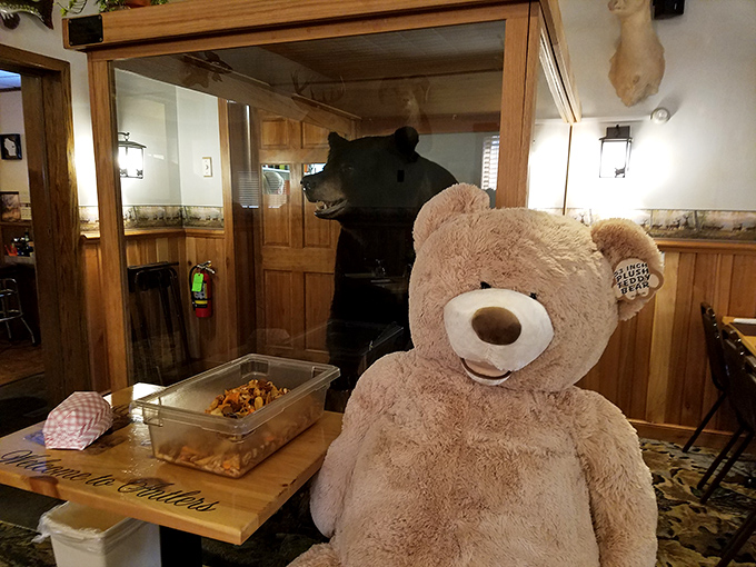 Even the teddy bear looks impressed by the taxidermy display&mdash;where else can you enjoy prime rib while a black bear stands sentinel?
