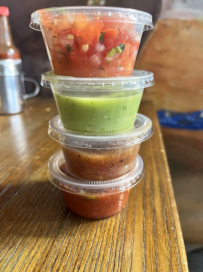 Four distinct salsas stacked like colorful building blocks, each one adding its own personality to every bite. 