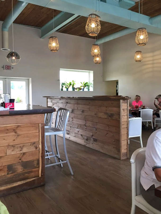 Natural light floods the dining space, illuminating wooden accents and basket lights while diners enjoy the kind of meal worth putting phones down for.