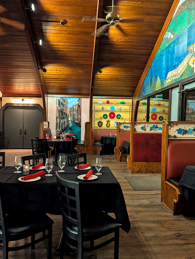 Colorful Italian pottery and Venetian scenes transport you across the Atlantic. Your passport can stay home, but your appetite better show up.