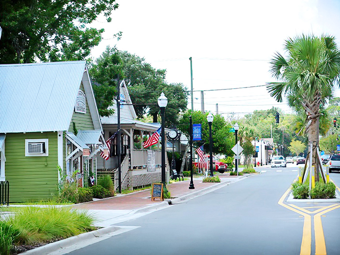 American flags flutter along this picturesque street where colorful cottages house unique shops and eateries. Norman Rockwell would feel right at home. 
