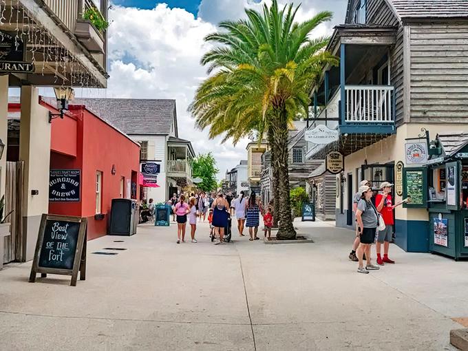 History meets vacation vibes in this pedestrian-friendly district. Visitors stroll between shops while palm trees remind you that yes, you're still in Florida.