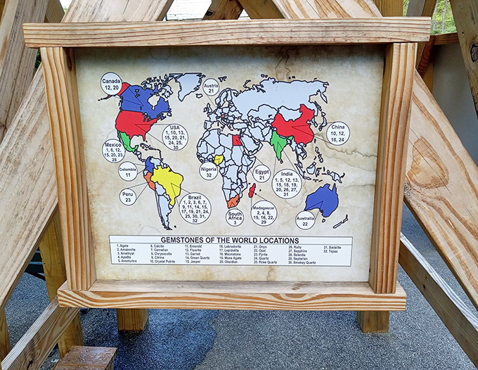 Educational displays map the world's gemstone locations &ndash; a geology lesson disguised as colorful eye candy entertainment.