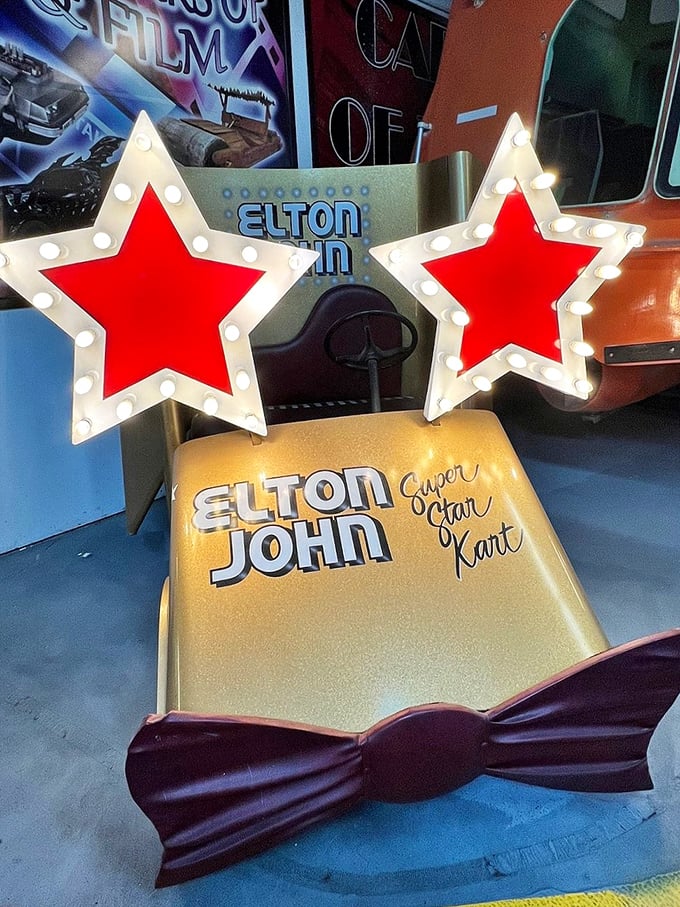Elton John's star-studded Super Kart gleams with gold and theatrical flair, proving the Rocket Man's flamboyant style extends to everything he touches, even go-karts.