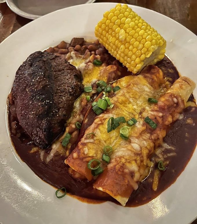 Enchiladas swimming in a sauce so rich it could buy a small country. The melted cheese stretches like your waistband will after this delicious detour.