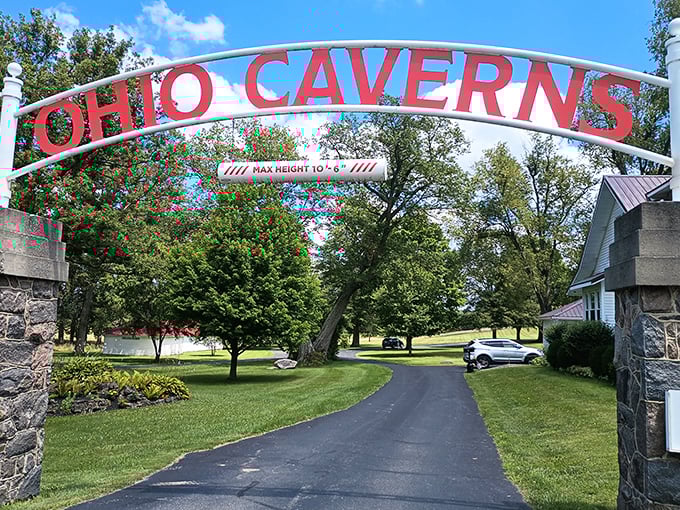 Grand entrance worthy of the treasures that lie beyond. This archway has welcomed generations of curious explorers to Ohio's underground marvel.