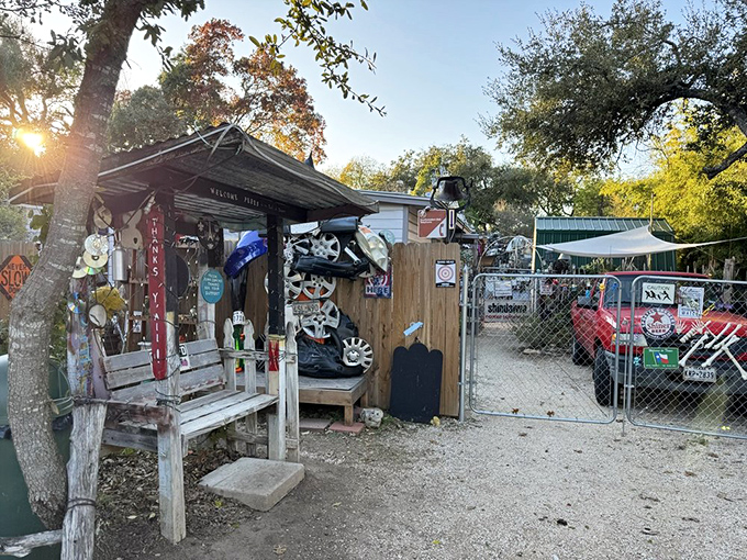 The entrance beckons visitors into a world where one person's trash becomes another person's three-story architectural wonder.