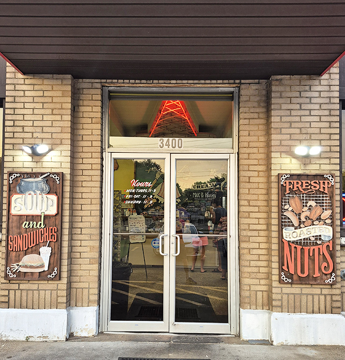"Soup and Sandwiches" on one side, "Fresh Roasted Nuts" on the other&mdash;this entrance promises everything a hungry traveler could desire.