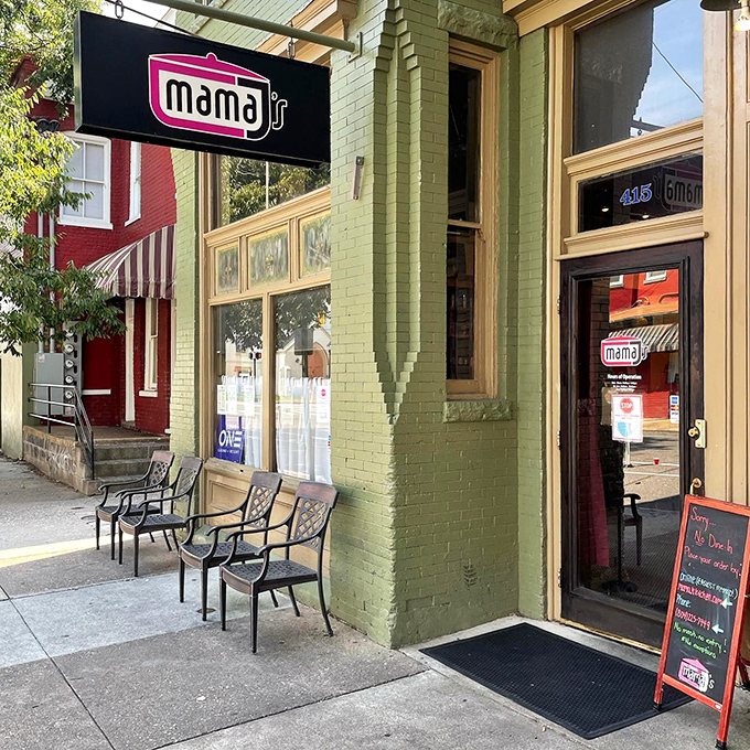 The sidewalk seating area offers a front-row view of Jackson Ward life. Where waiting becomes part of the experience.