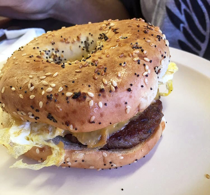 An everything bagel sandwich that lives up to its ambitious name, loaded with morning essentials and weekend dreams.