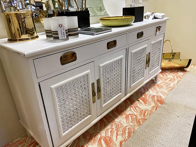 White rattan server with wicker detailing &ndash; the official furniture of "I'm sophisticated but also live near the beach" homeowners everywhere.