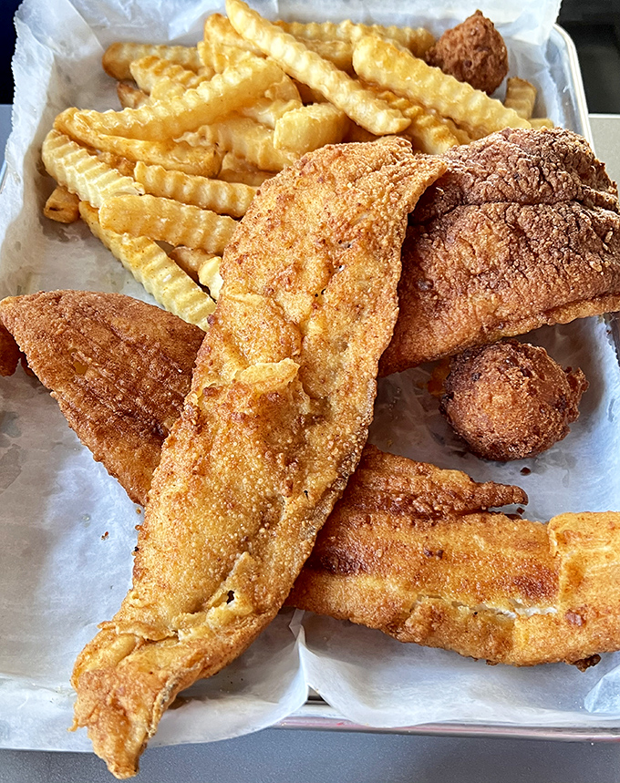 Fried fish that makes fast food chains weep with inadequacy, paired with fries that understand their supporting role perfectly.