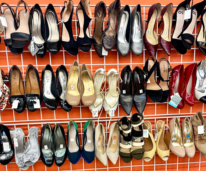 Shoe display that would make Imelda Marcos proud. From practical flats to party-ready heels, all priced less than a fancy coffee drink.