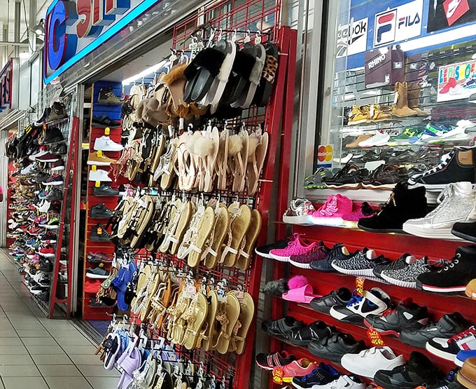 Sneaker heaven for footwear enthusiasts. The wall of shoes offers everything from practical walking companions to statement pieces that practically shout your arrival. 