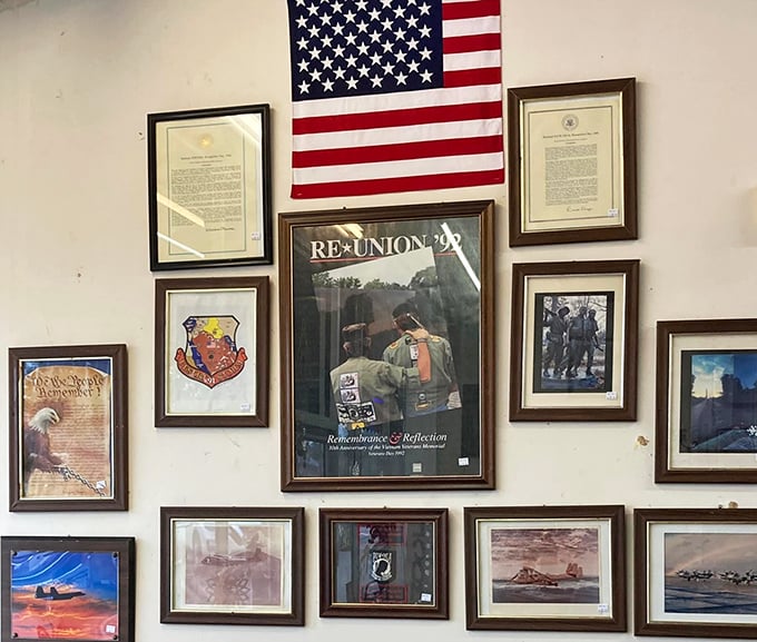 A wall of memories and patriotism. These framed pieces tell stories of service and sacrifice, creating a mini-museum within the treasure trove.