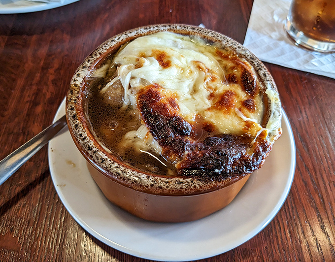 French onion soup with a cheese cap so perfectly browned it deserves its own Instagram account.