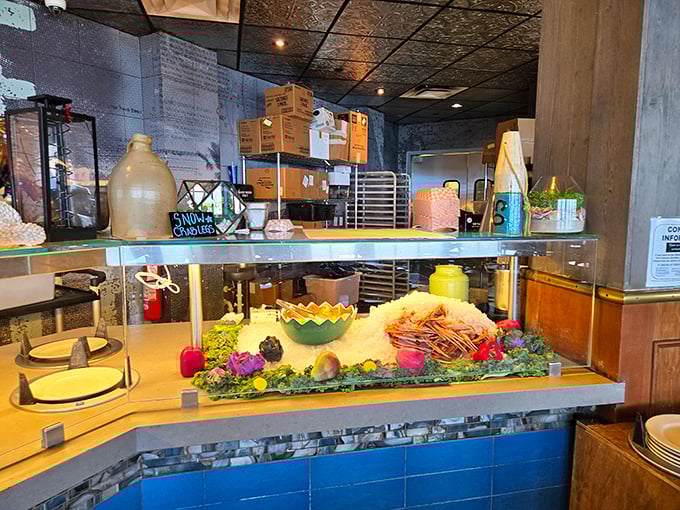 A colorful produce display that reminds you vegetables exist, even if they're merely supporting actors in this seafood blockbuster.