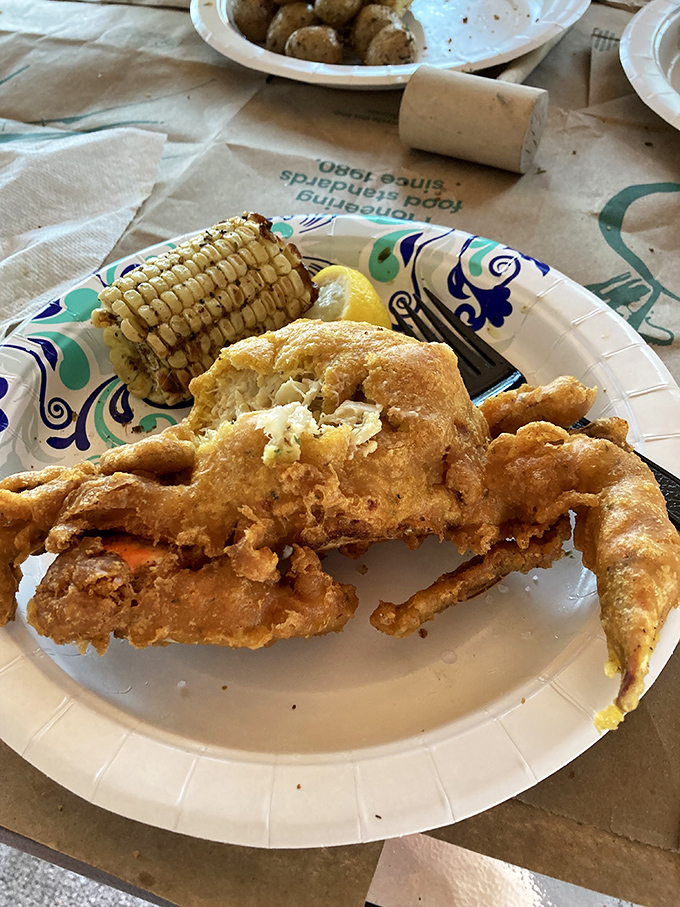 Fried soft shell crab &ndash; the entire creature transformed into golden, crispy perfection. That corn on the cob is just along for the delicious ride.