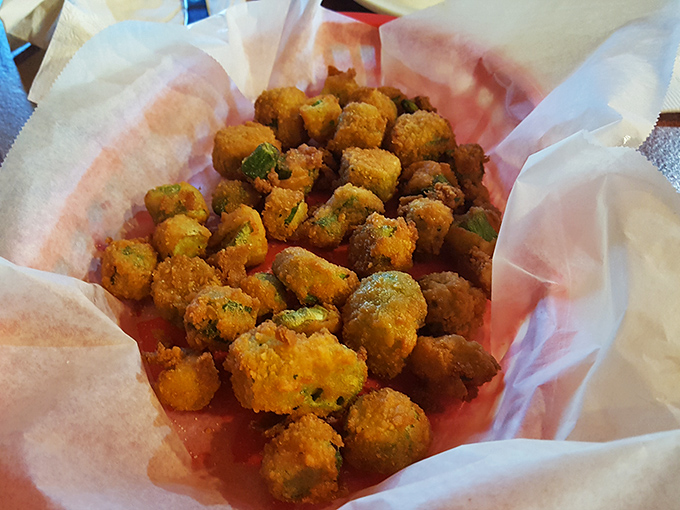 Fried okra that converts even the skeptics—little golden nuggets that prove vegetables can be just as indulgent as dessert.