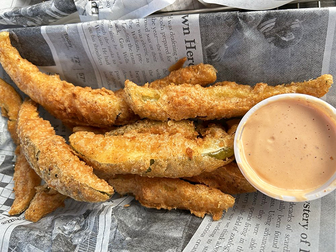 Fried pickles: the unexpected opening act that threatens to steal the show from the seafood headliners with their tangy, crunchy perfection.