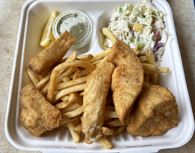 Golden-fried swordfish that makes you wonder why you ever bothered with chicken&mdash;served with fries and slaw for the complete coastal experience.
