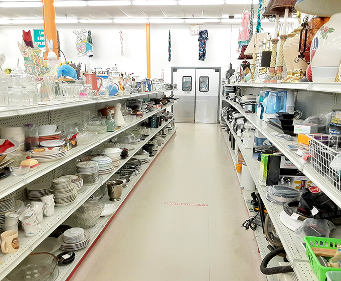 Dish department dreams come true in this aisle. One person's downsized dinnerware becomes another's complete entertaining set.