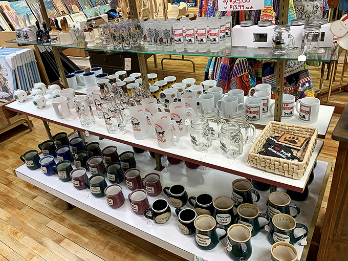 Mugs, glasses, and jars line the shelves&mdash;because you'll need something to drink with all that pie you're bringing home.