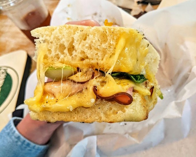 This sandwich cross-section reveals layers of flavor conspiracies&mdash;cheese, ham, and greens plotting deliciously against your diet plans.