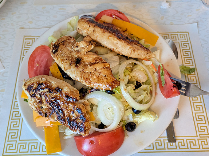 Grilled chicken salad that proves healthy eating doesn't have to be punishment. Those vibrant vegetables and perfectly charred chicken could convert even the most dedicated burger enthusiast. 