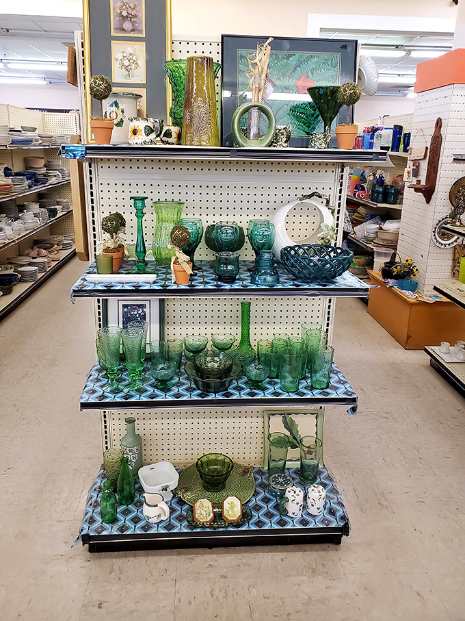 Green glass paradise! This emerald collection transforms ordinary shelves into a curated museum exhibit that would make any vintage enthusiast swoon.