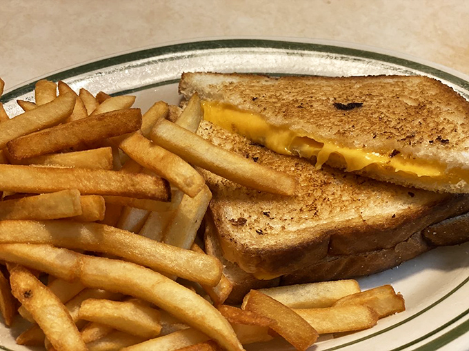 Grilled cheese perfection paired with golden fries, proving simple pleasures never go out of style here.