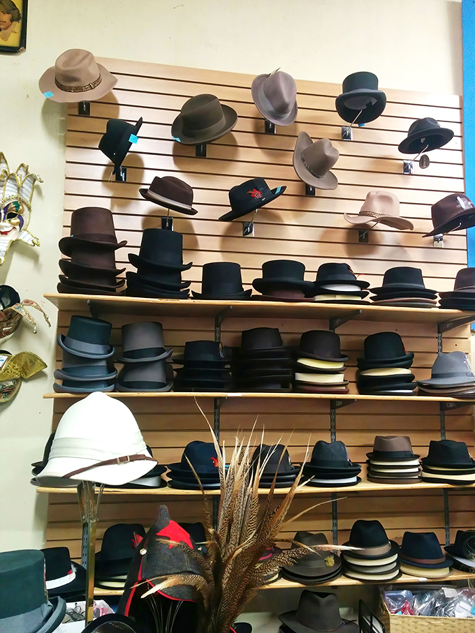 The hat wall could outfit a film noir festival, a Western movie set, or just your next bad hair day.