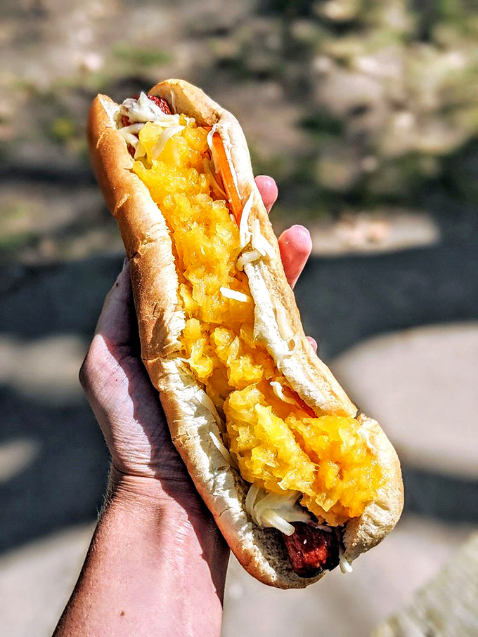 The Hawaiian dog brings tropical vibes to Ohio. Close your eyes while eating and you might hear ocean waves (or just your own happy chewing).