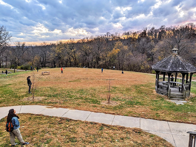 A gazebo standing sentinel over autumn fields—the perfect spot to contemplate life's big questions or simply enjoy a sandwich in peace.