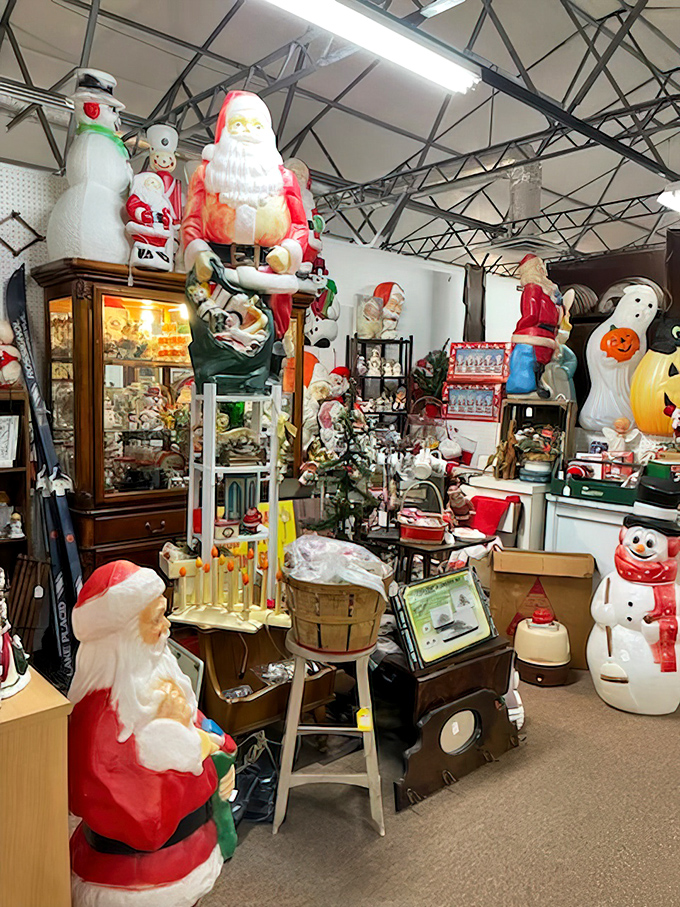 Christmas comes year-round in this holiday booth. Those vintage blow-mold Santas have seen more Christmases than most of us have had birthdays.